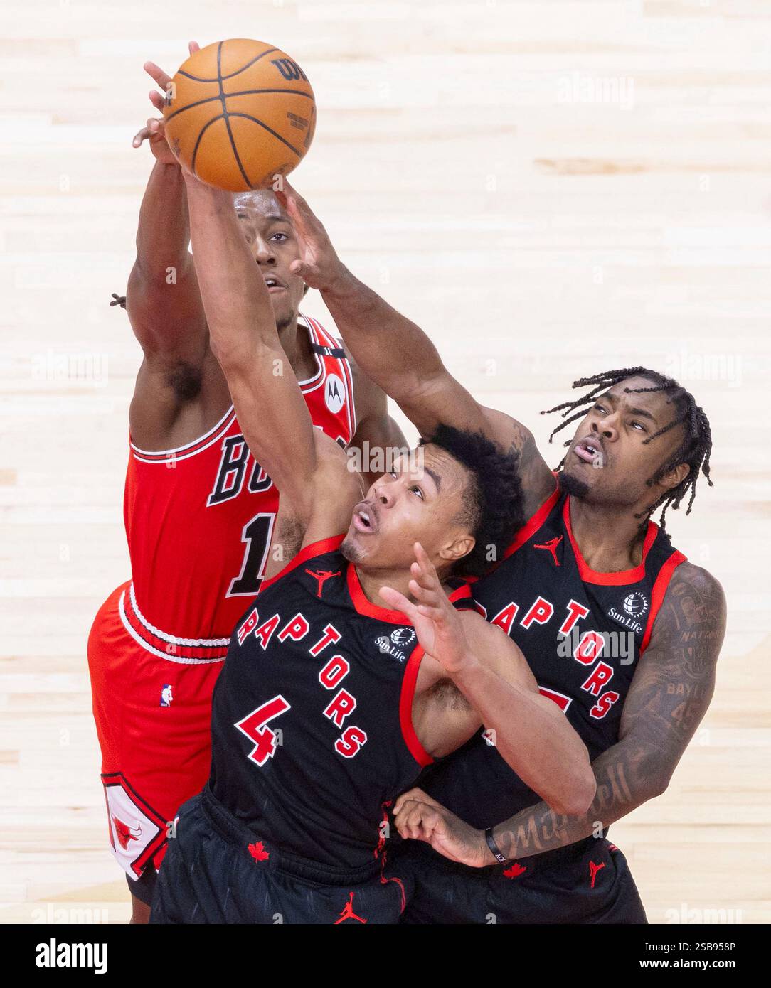 Beijing, Canada. 31st Jan, 2025. Ayo Dosunmu (L) of Chicago Bulls vies ...