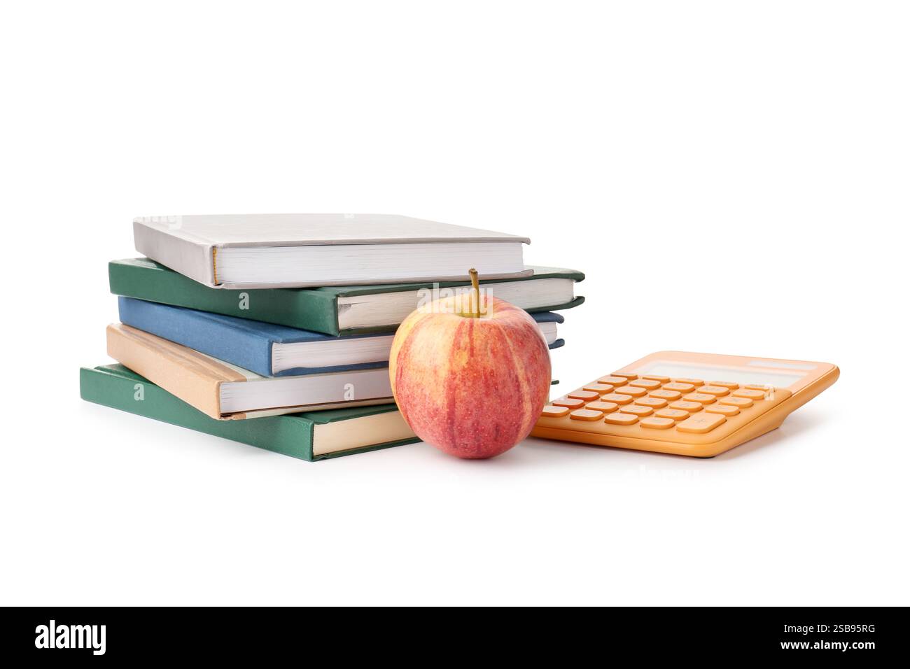 Stack of books, calculator and apple isolated on white Stock Photo - Alamy
