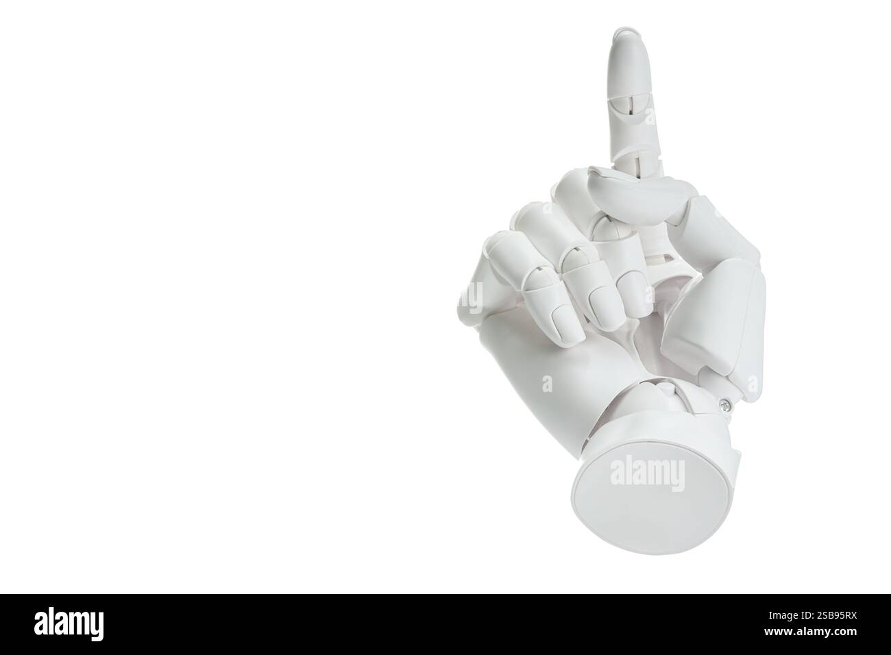 Artificial intelligence. Robot hand pointing at something on white ...