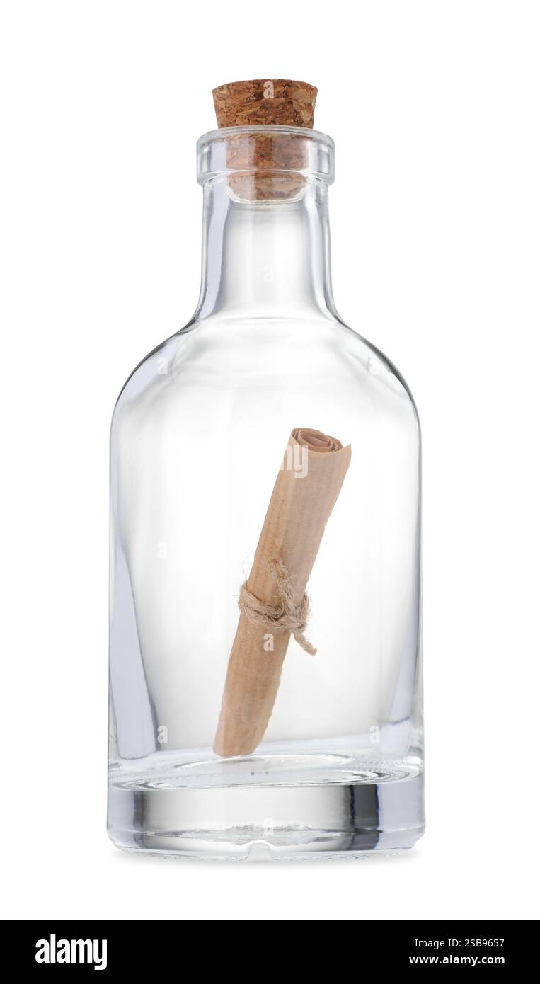 Corked glass bottle with rolled letter isolated on white Stock Photo ...
