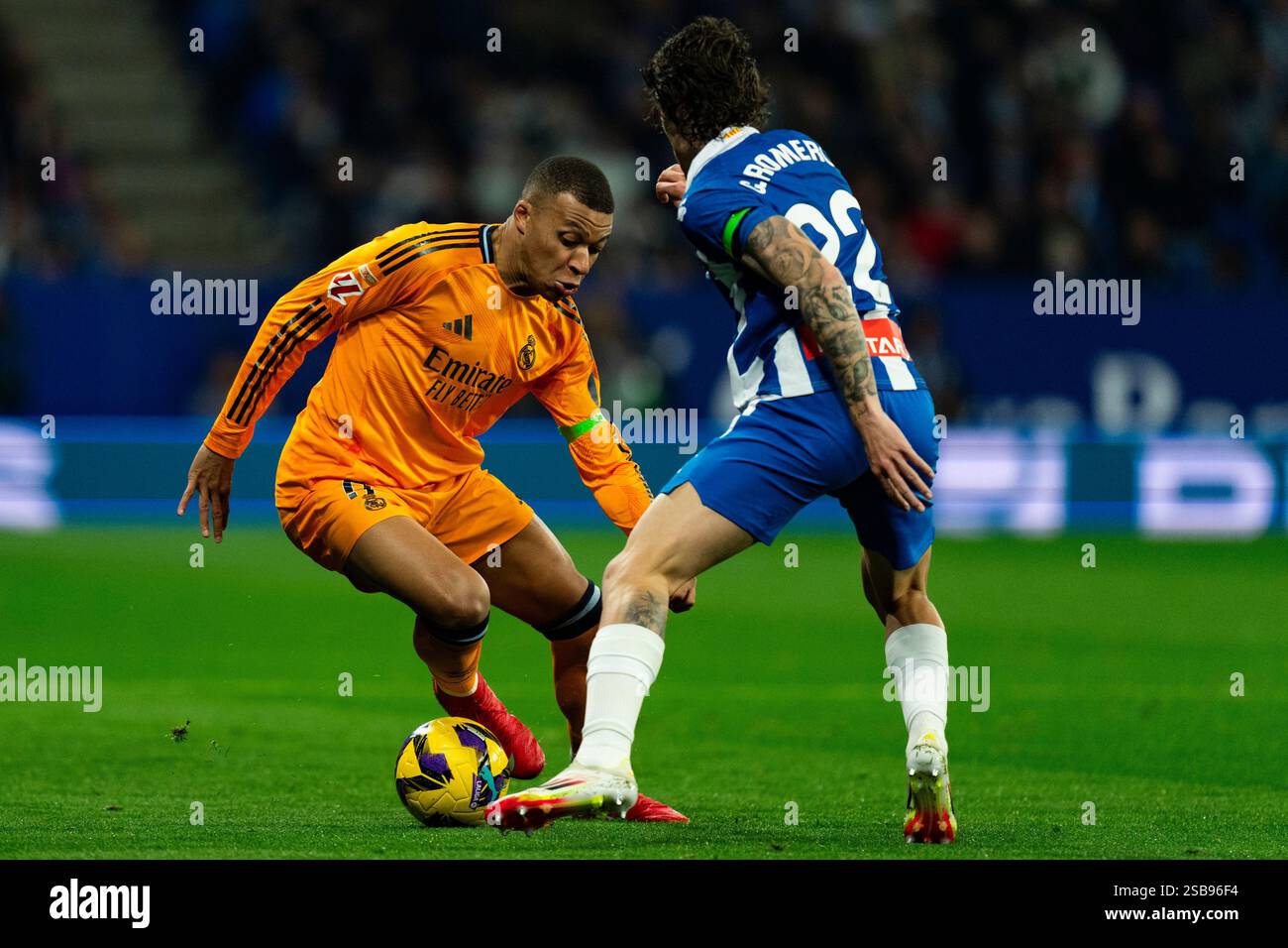 Barcelona, Spain. 1st Feb, 2025. Kylian Mbappe (Real Madrid CF) duels ...