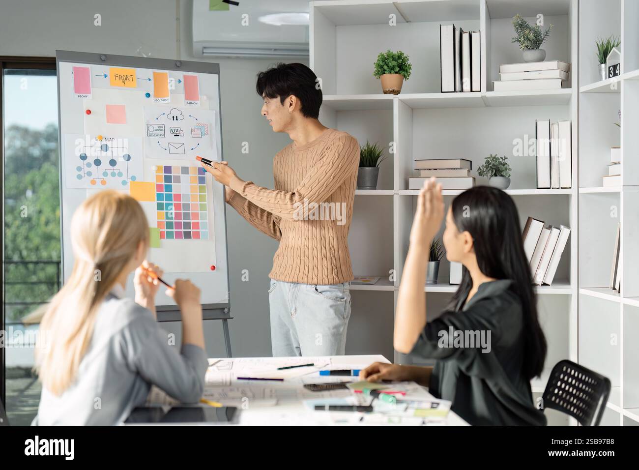 Dynamic UX UI design presentation with team brainstorming and visual ...