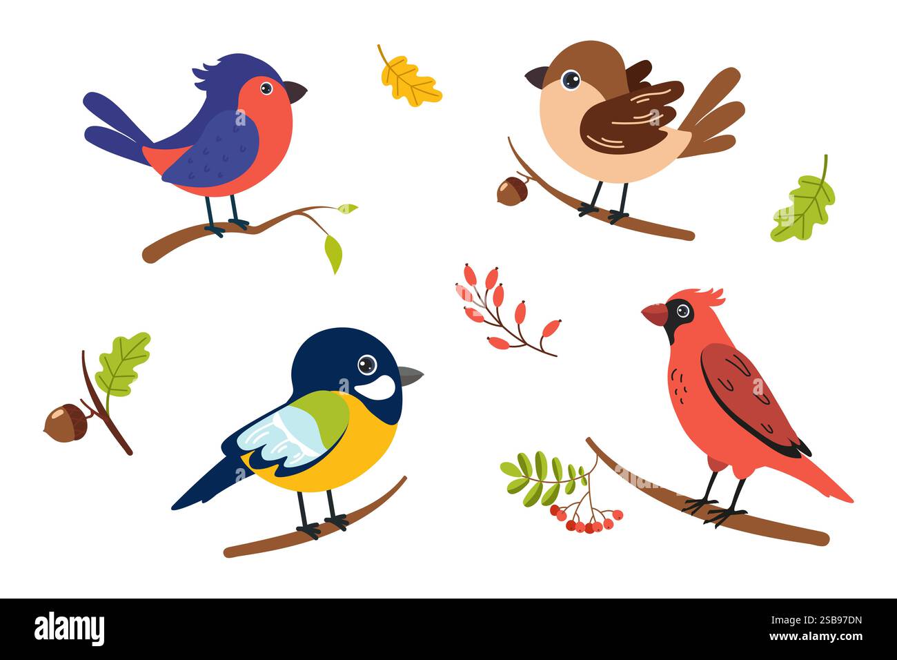 Colorful cartoon birds perched on branches in a playful illustration ...