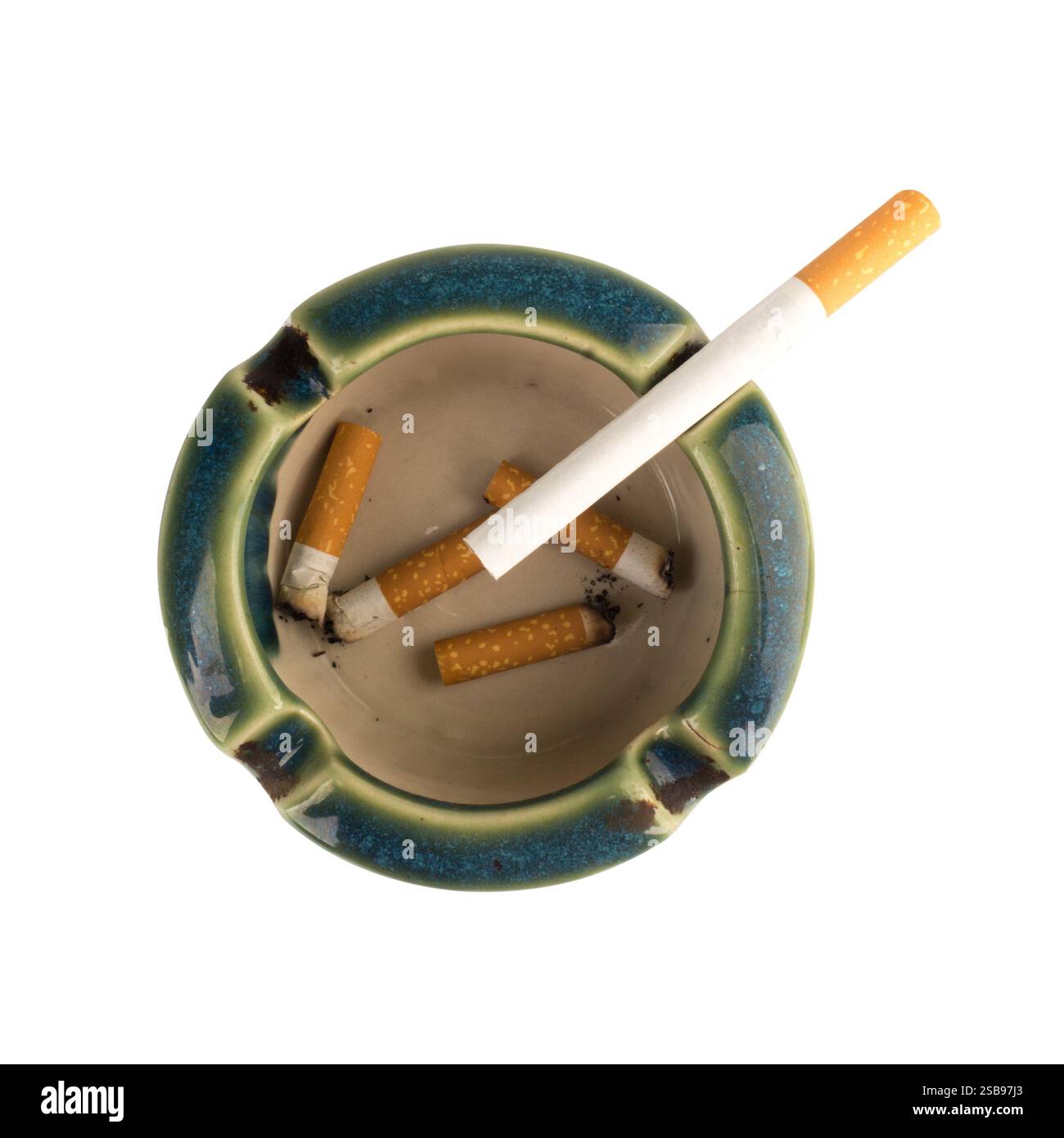 Ceramic ashtray with cigarette top view isolated on white background ...
