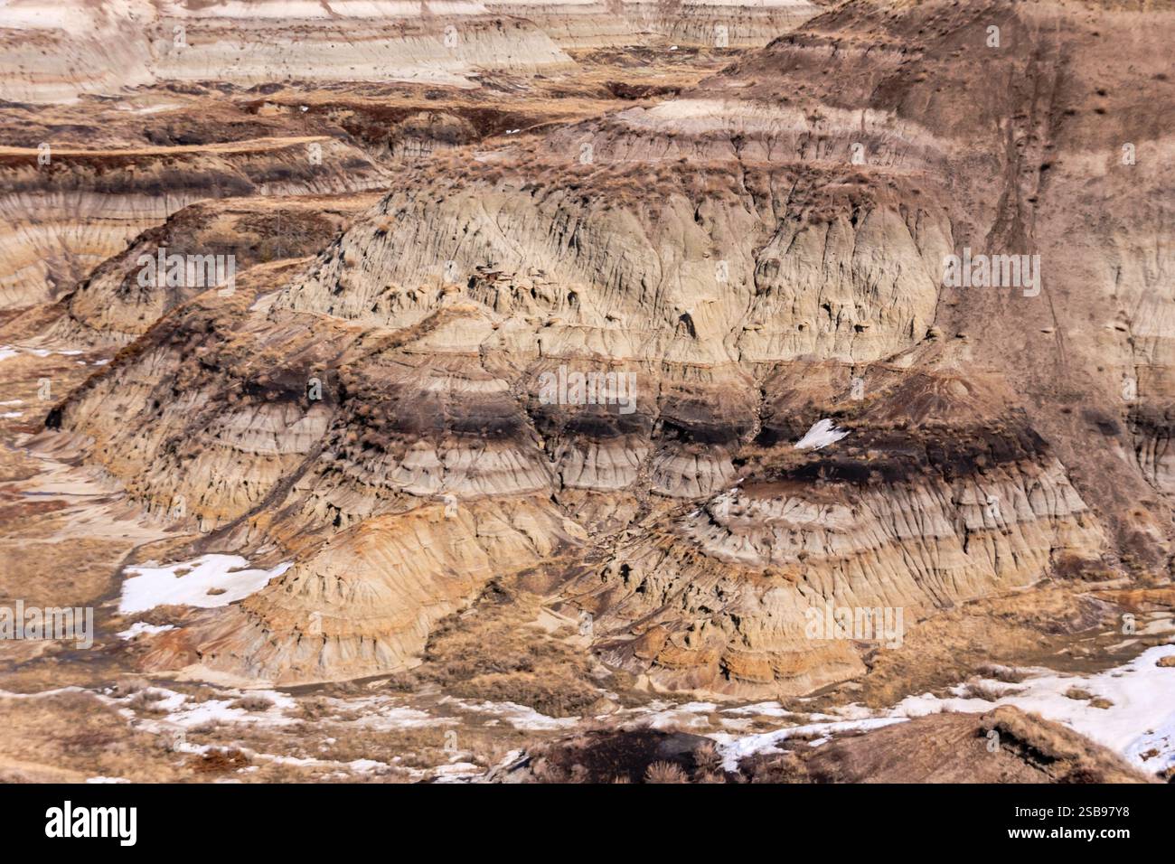A rocky, barren landscape with a mix of brown and white colors. The ...
