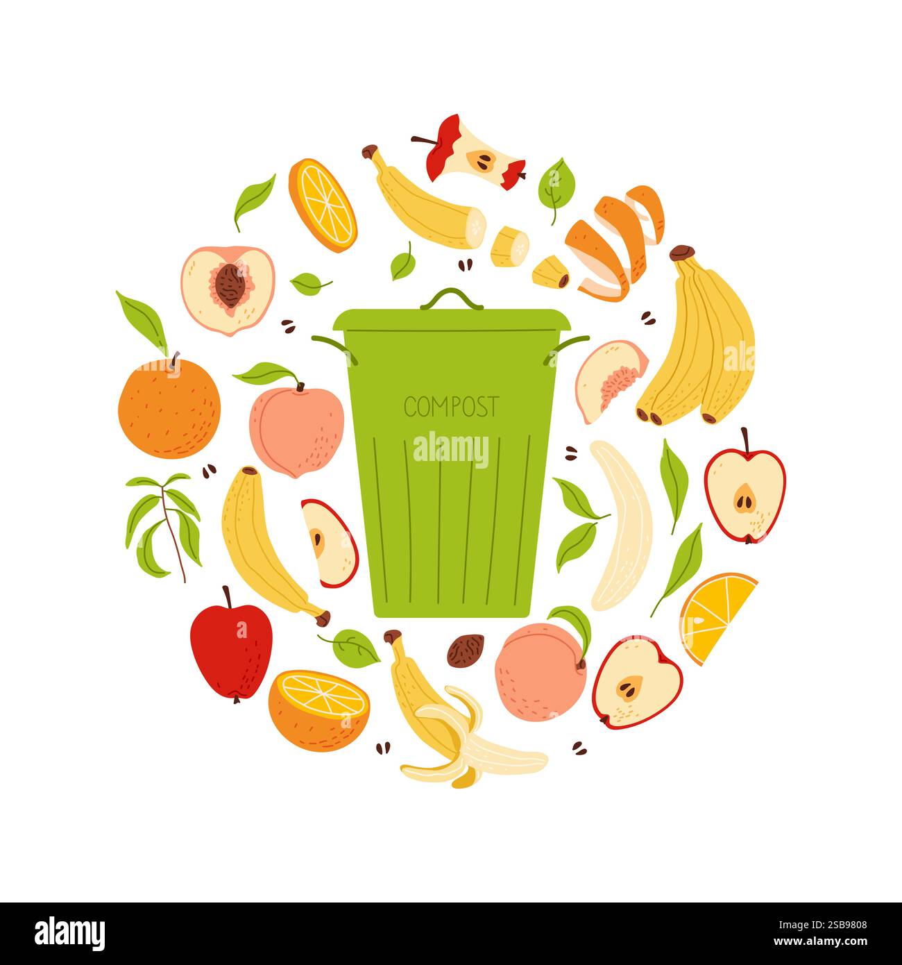 Compost bin surrounded by fruits and veggies in a circular design for ...