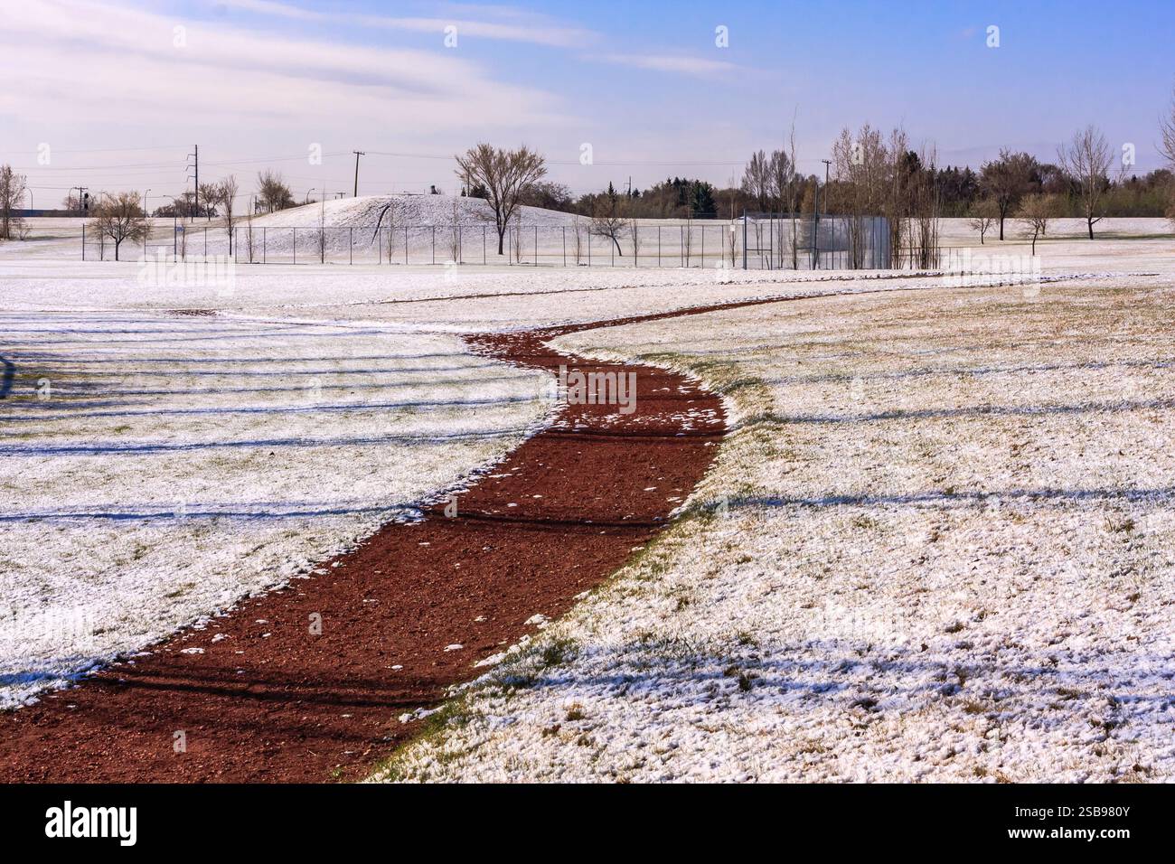 A snow covered path with a red brick walkway. The path is surrounded by ...