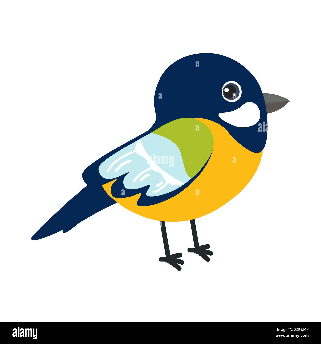 Colorful cartoon bird perched quietly on a branch against a simple ...