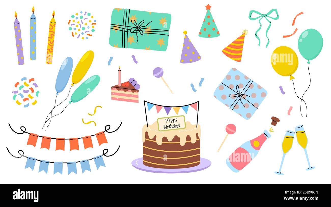 Colorful birthday celebration decorations with cake, balloons, and ...