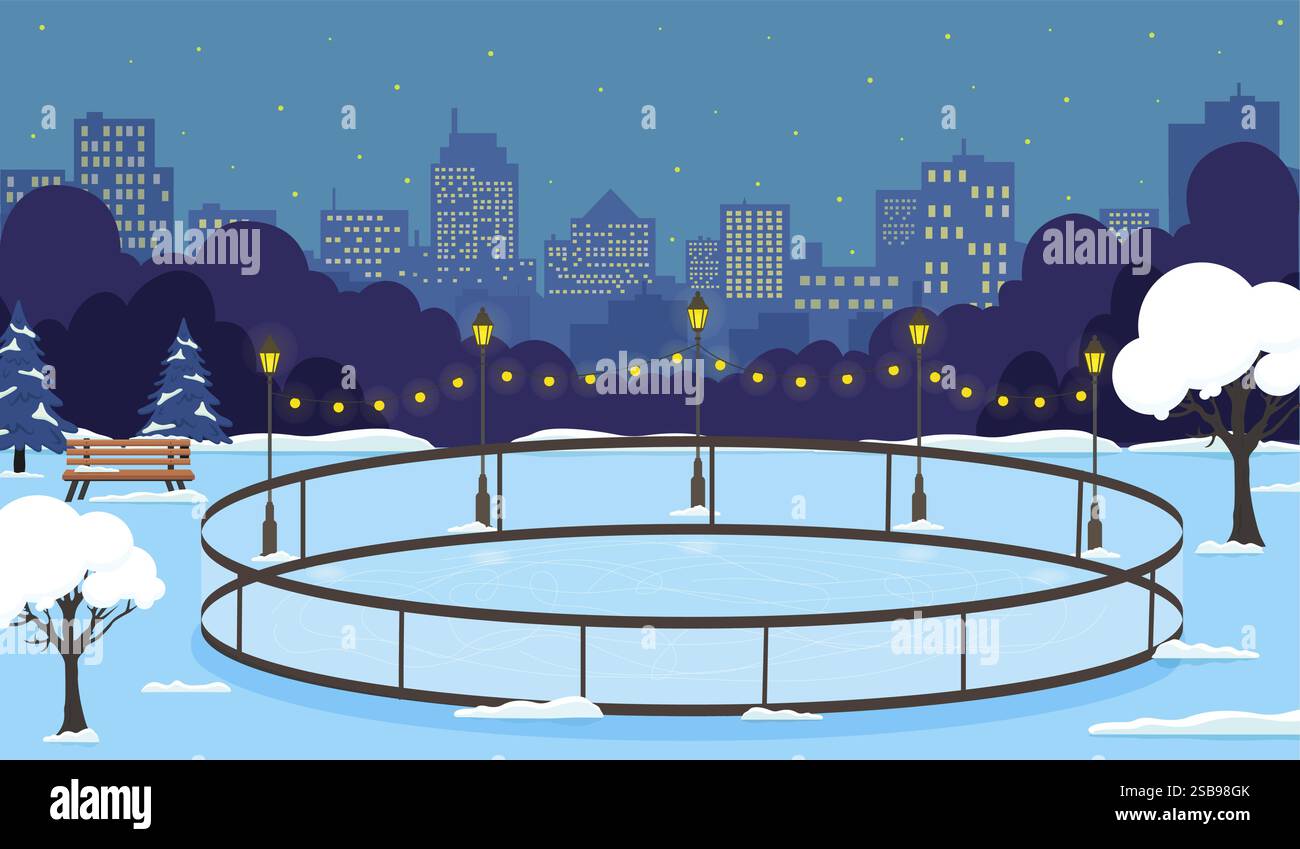 The quiet ice skating rink is surrounded by snow-covered trees and a ...