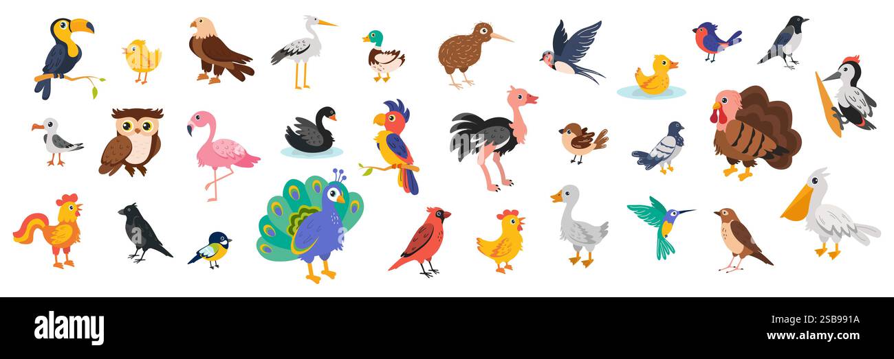 Colorful collection of cartoon birds in various poses and activities ...