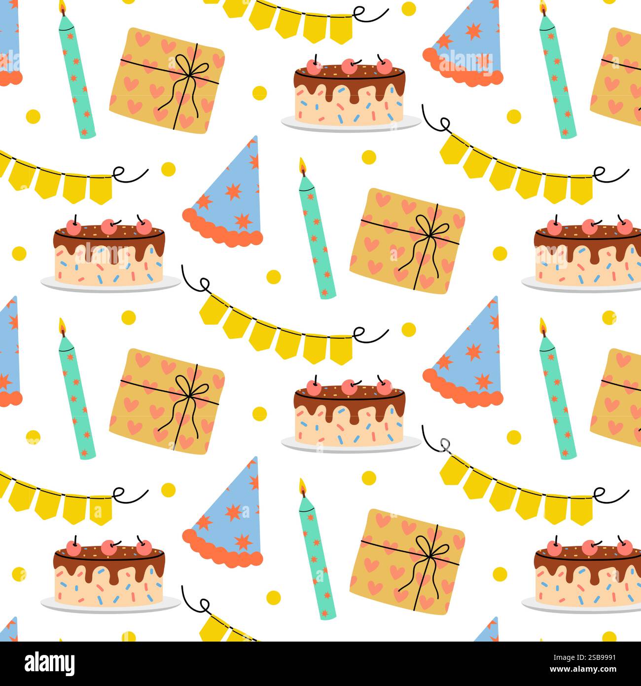Celebratory pattern featuring cakes, gifts, party hats, and candles for ...
