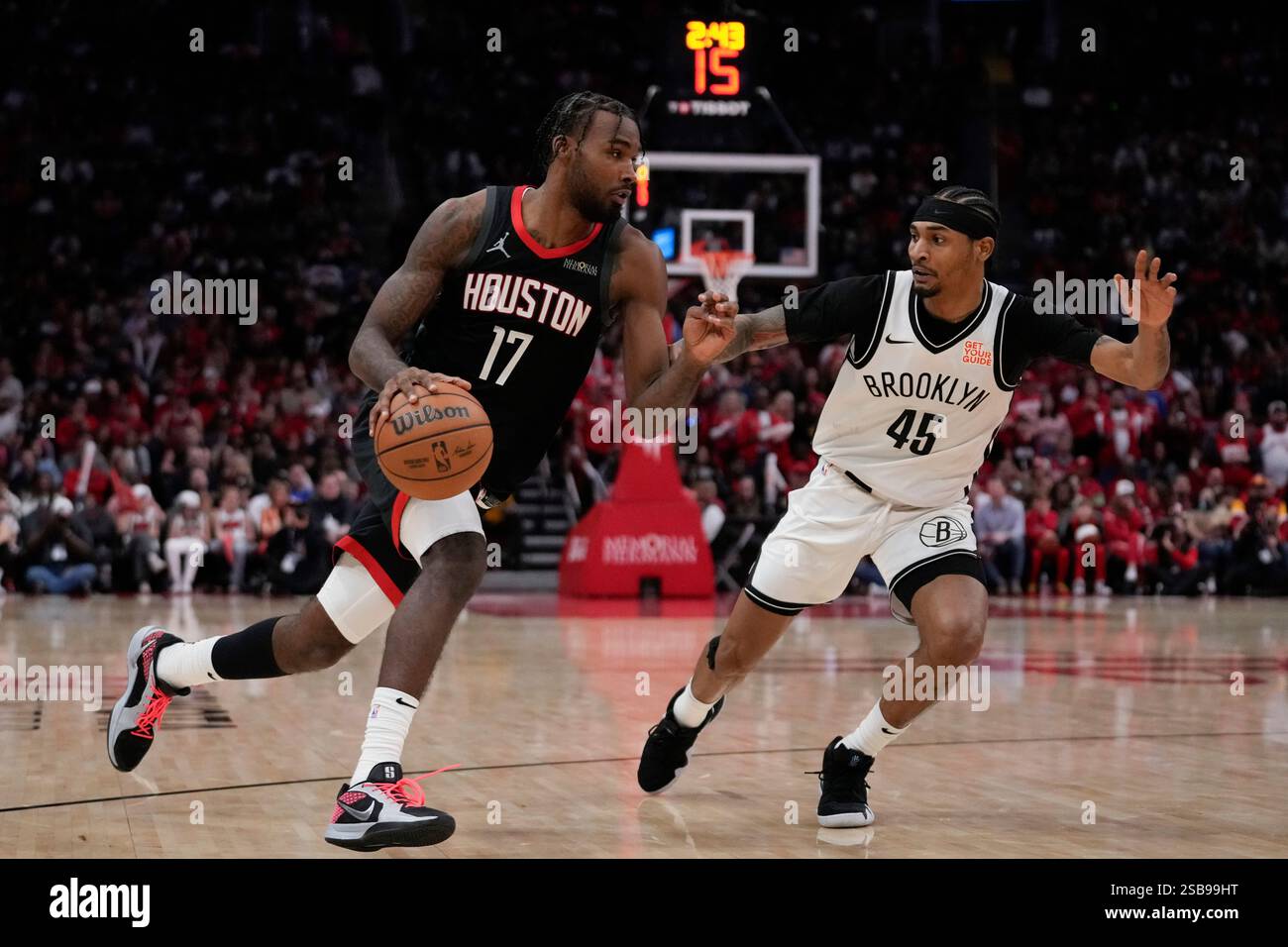 Brooklyn Nets guard Keon Johnson (45) defends against Houston Rockets ...