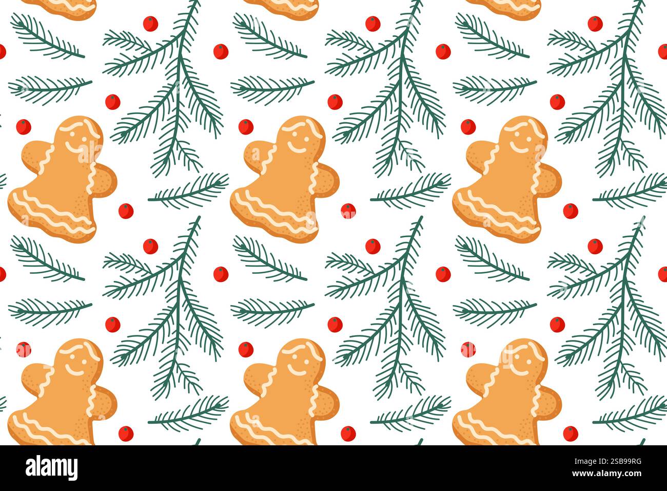 Gingerbread men and festive branches create a cheerful holiday pattern ...