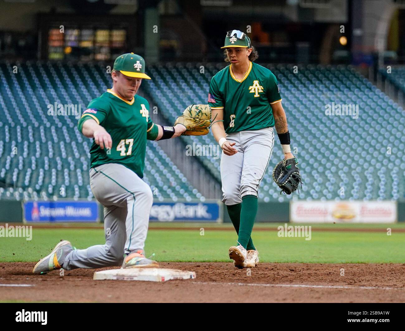 Arkansas Tech Wonder Boys pitcher Cade Cartwright (47) steps on first ...