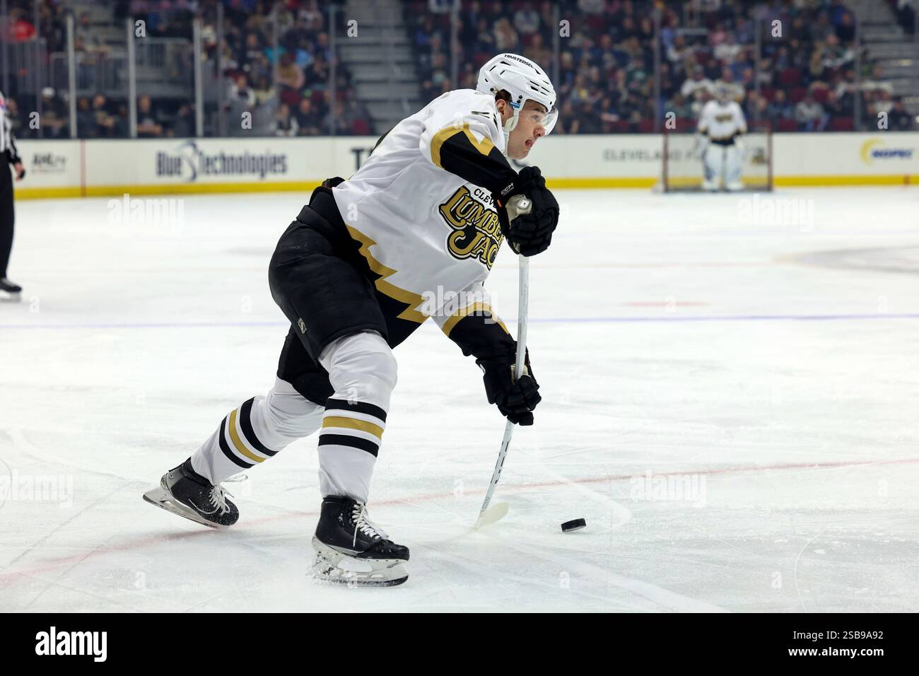 CLEVELAND, OH - FEBRUARY 01: Cleveland Monsters defenseman Daemon Hunt ...