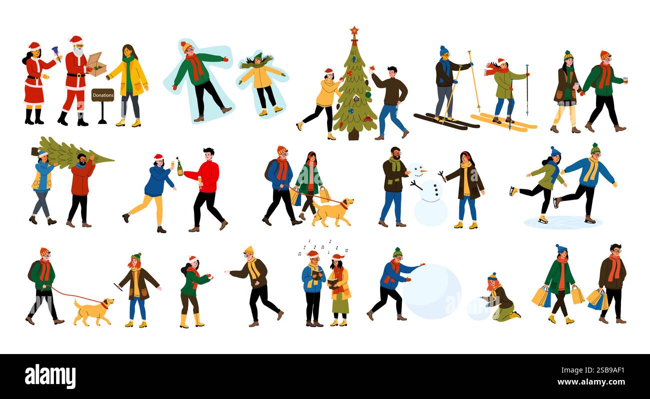 Winter holiday activities in a festive outdoor setting with families ...