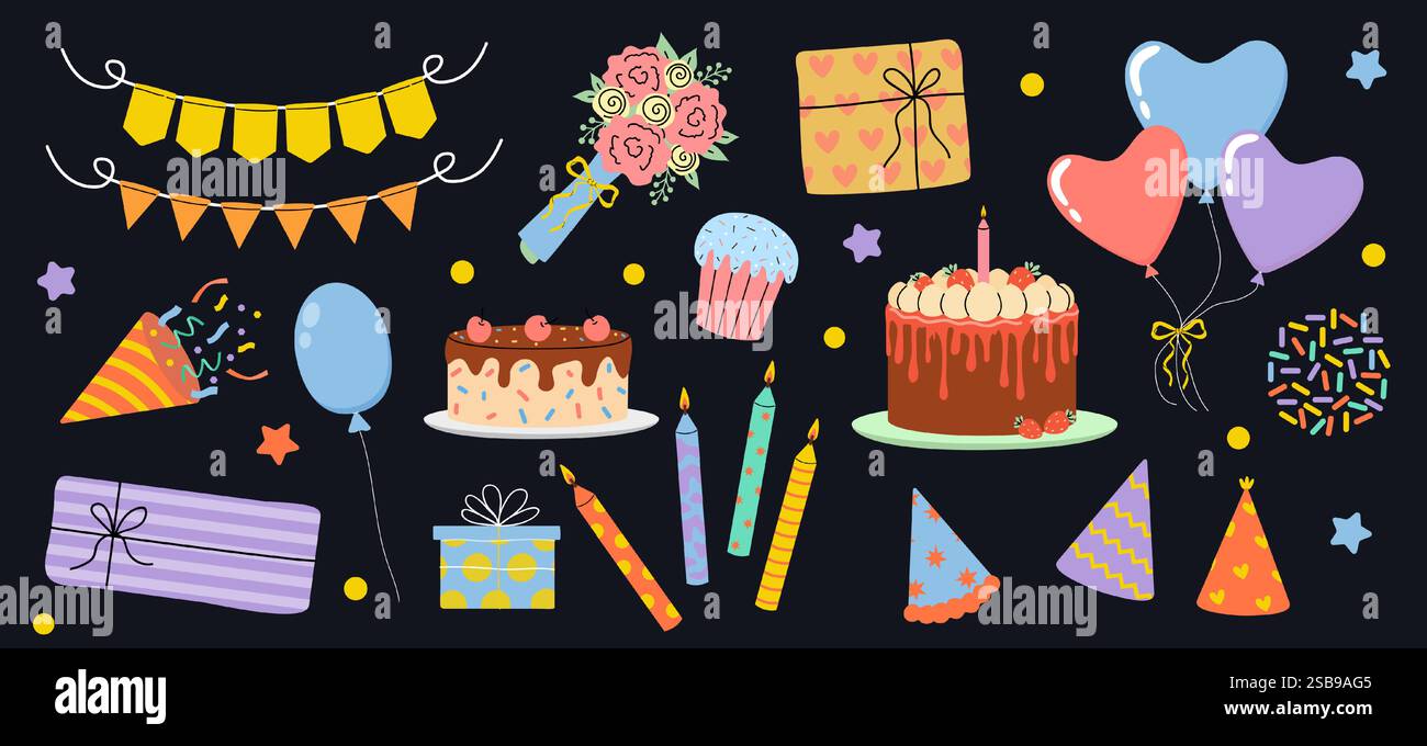 Celebration decorations with cakes, balloons, and gifts for a festive ...