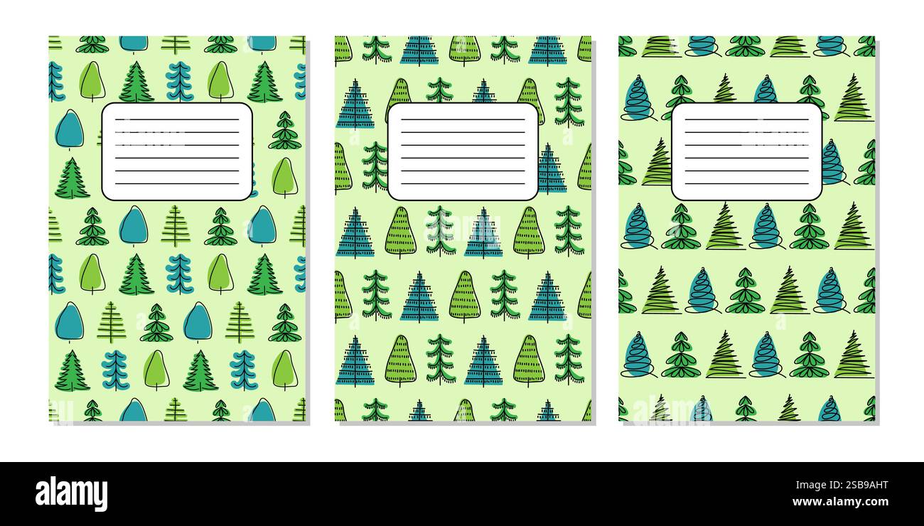 Notebook covers featuring colorful tree designs with various shapes and ...