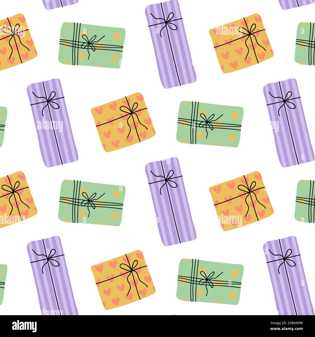 Colorful gift wrapping paper design featuring various present styles on ...