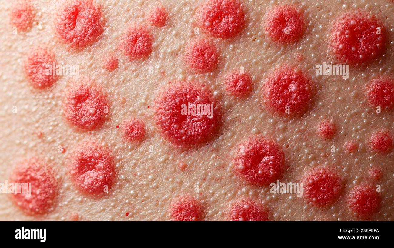 Closeup view of circular-patterned red,inflamed herpes zoster lesions ...