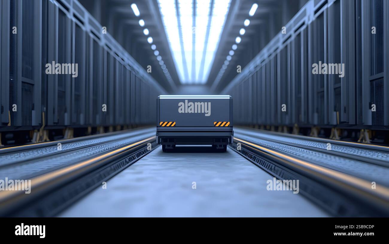 Automated guided vehicles (AGVs) transporting cargo through a futuristic, highly efficient ...