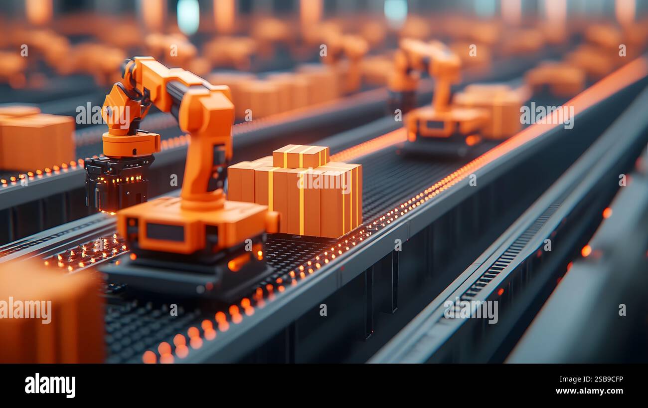 Robotic arms gracefully loading packages onto conveyor belts,showcasing ...