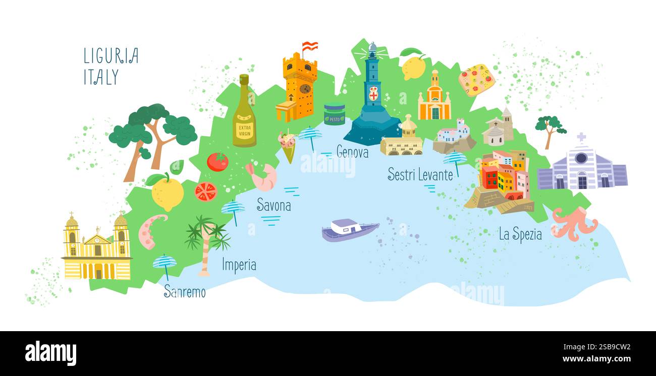 Map of Liguria, Italy. Sights and buildings. Traditional Mediterranean ...