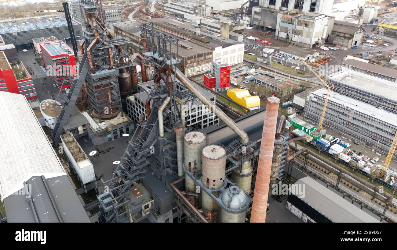 High-angle aerial view of a historic blast furnace in Esch-sur-Alzette ...