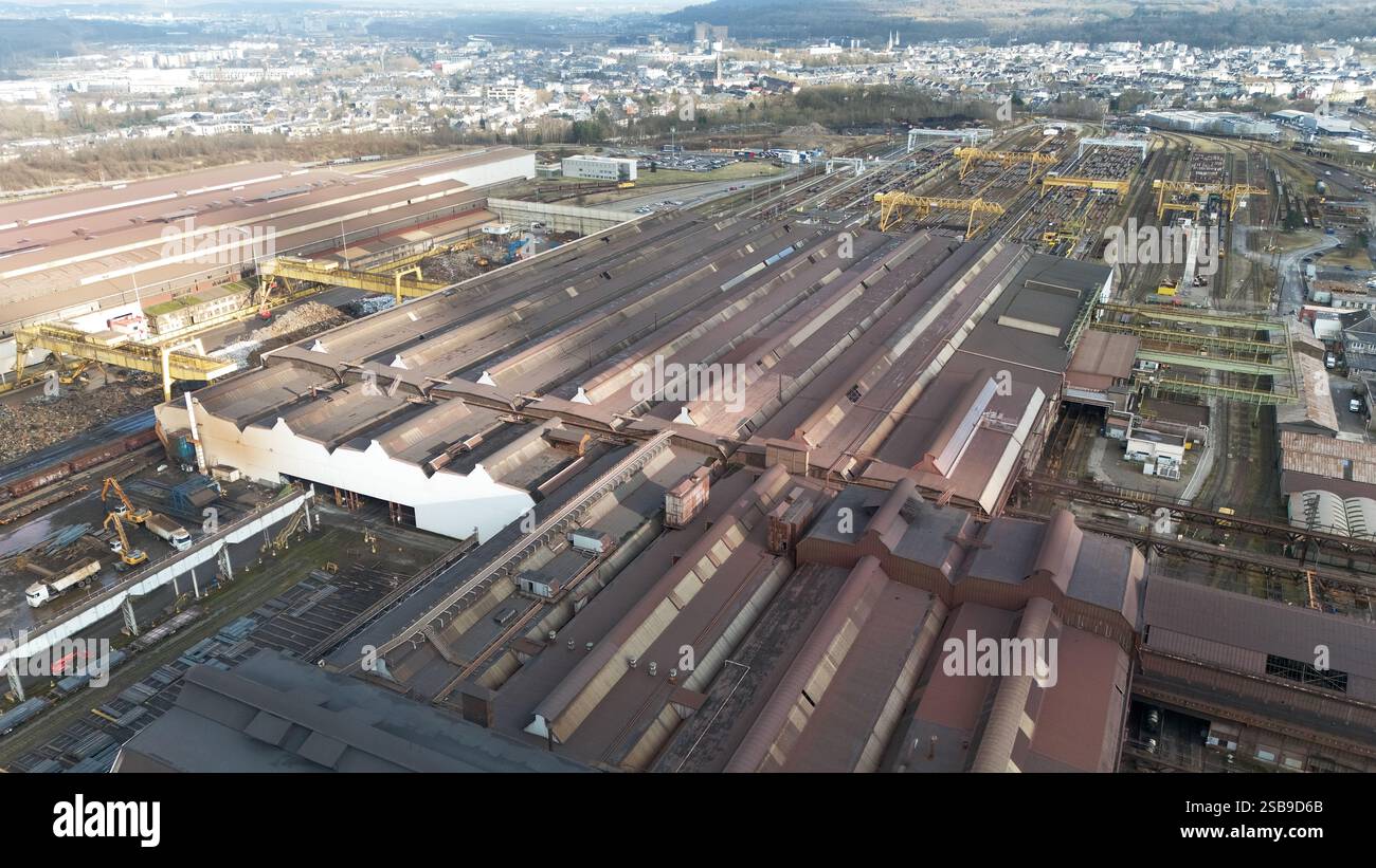High-angle aerial view of a large steel manufacturing facility in Esch ...
