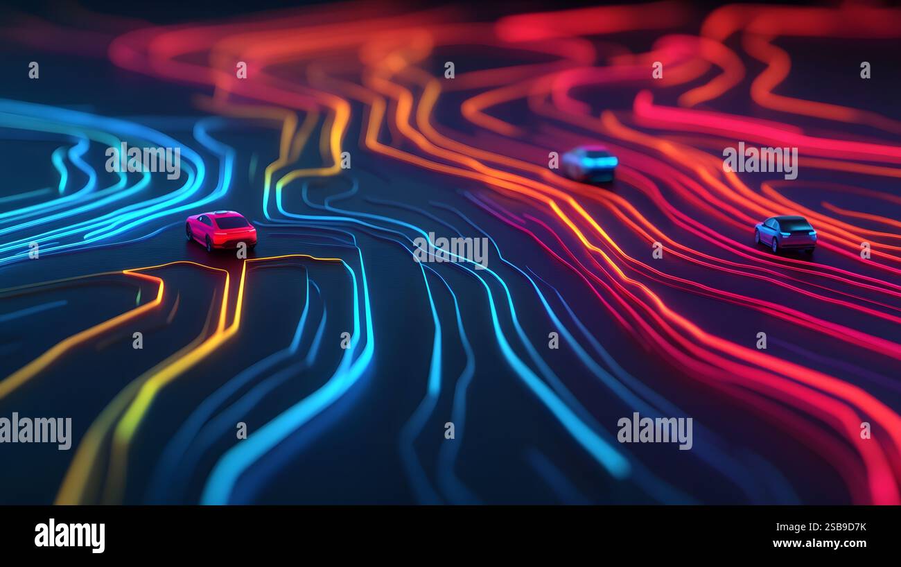 Intelligent traffic flow system with glowing car routes and modern 3D ...