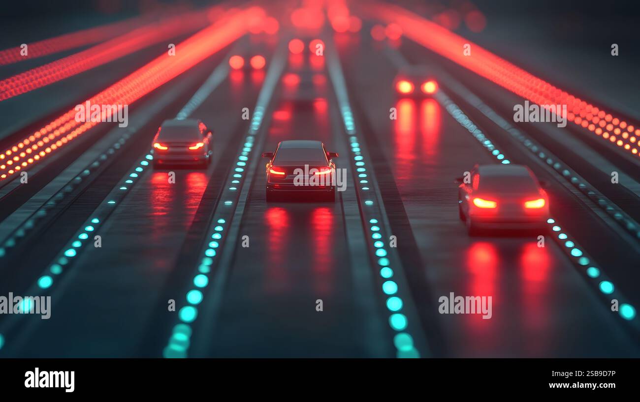 Futuristic intelligent transportation system with glowing car routes ...