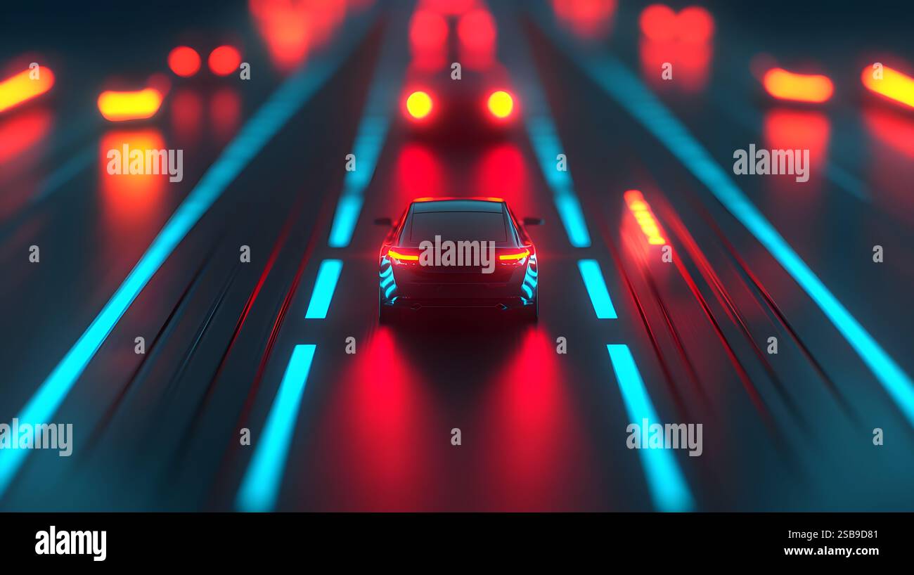 Futuristic 3D of an intelligent traffic flow system with glowing car ...