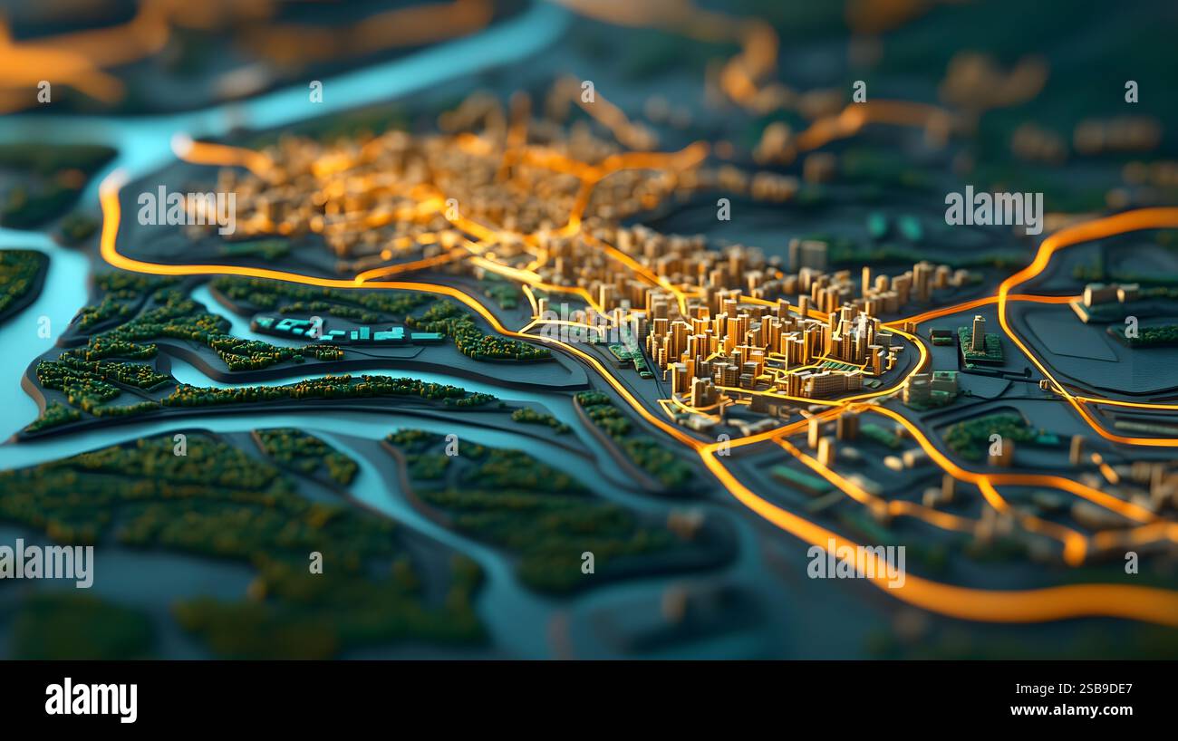 Radiating digital 3D of a complex transportation hub network system,visualizing efficient urban ...