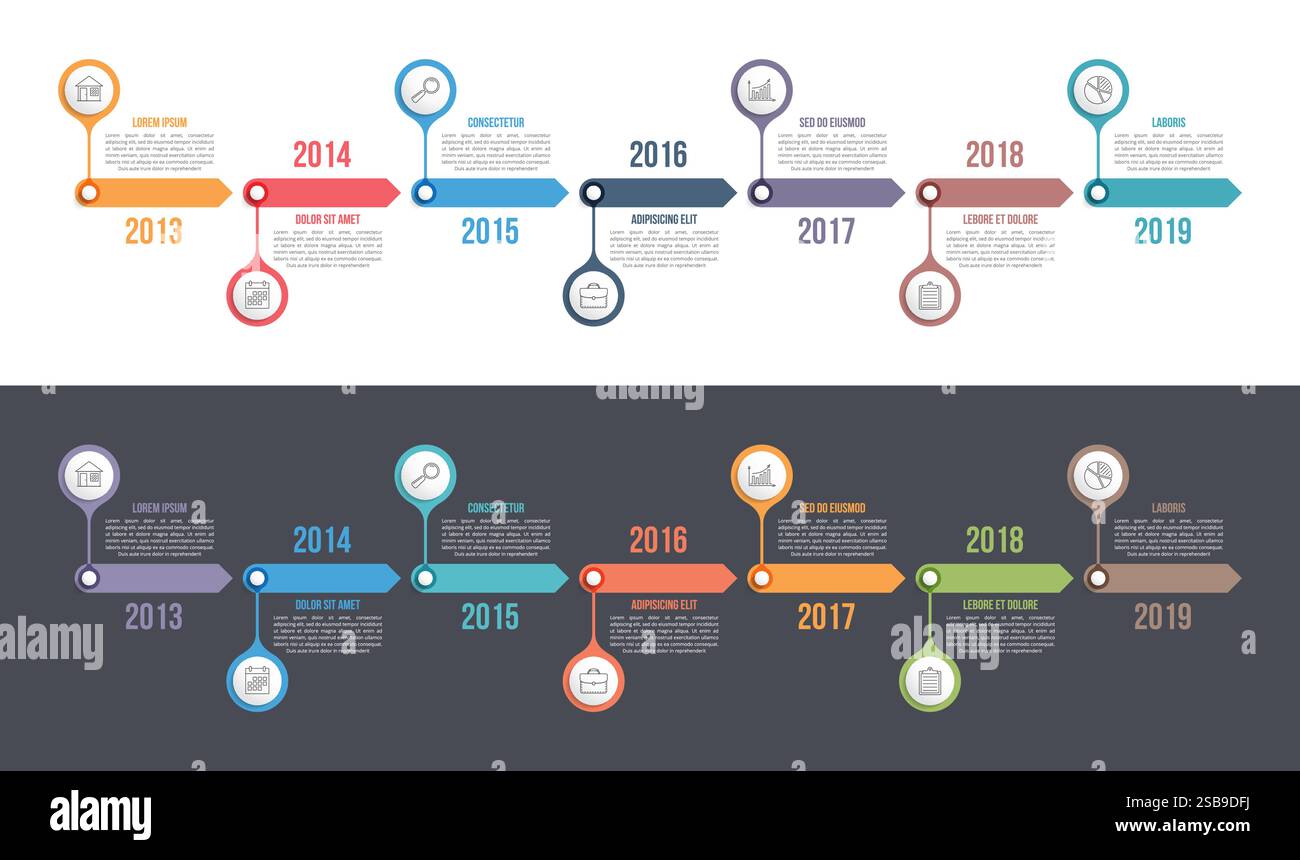 Horizontal timeline template with seven arrows, infographic template ...