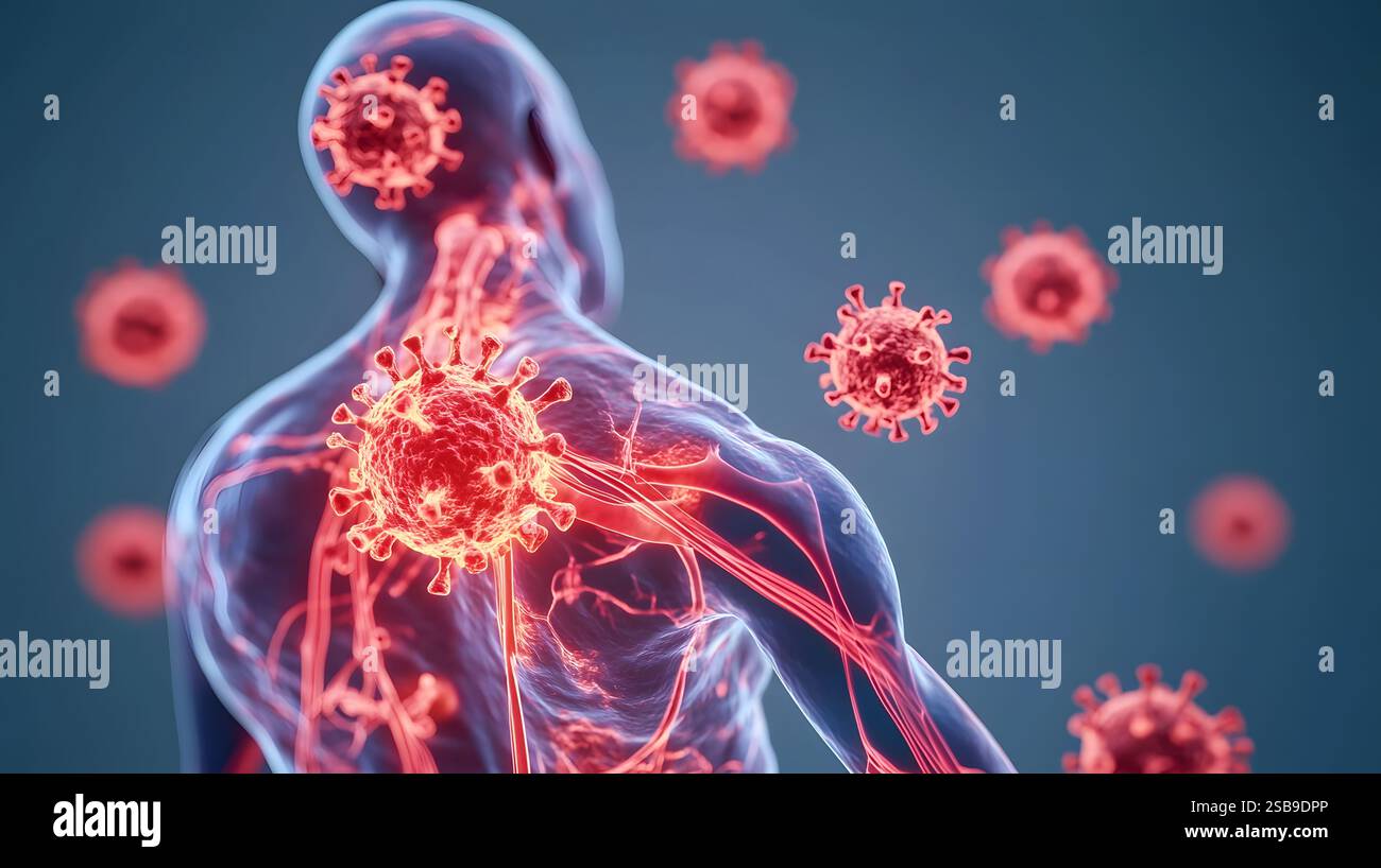 Medical depicting the herpes zoster virus affecting the nerve pathways ...