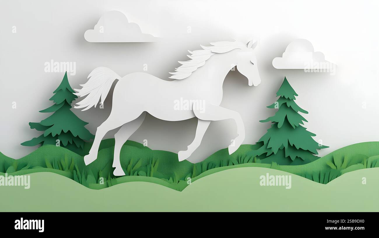 Galloping Horse in Paper Cut Nature Landscape - Minimalist 3D Flat ...