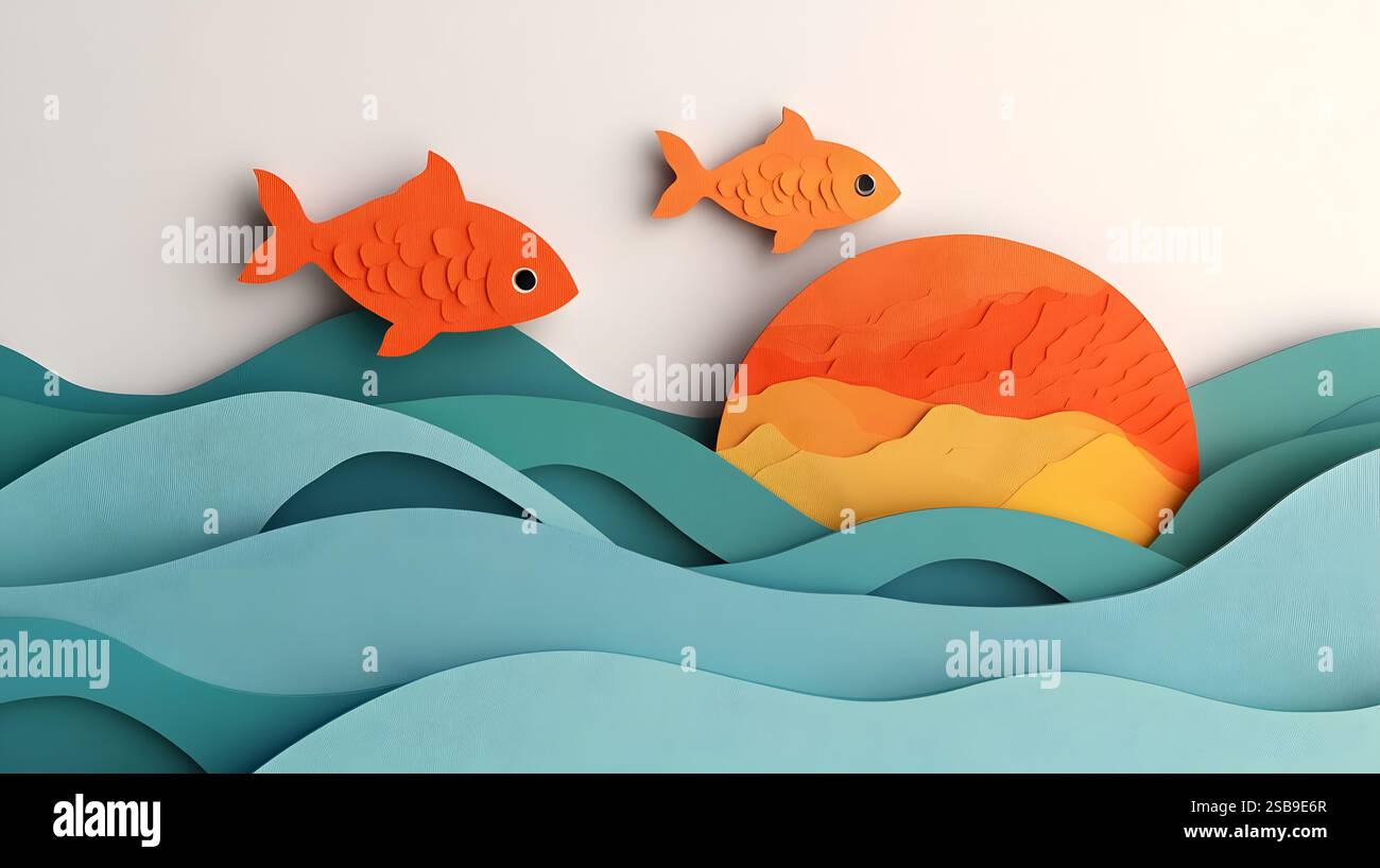 Vibrant Underwater Papercraft Scene with Abstract Orange Fish Swimming ...