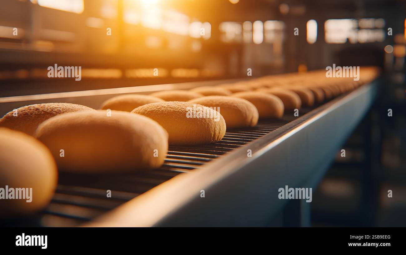 Conveyor Belt Transporting Freshly Baked Loaves of Bread in a Streamlined Bakery Food Production ...