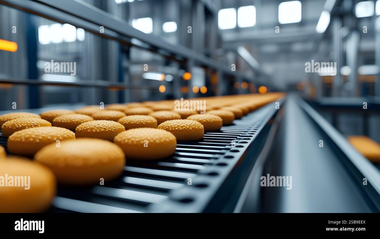 Modern automated bakery factory producing a variety of artisanal bread ...