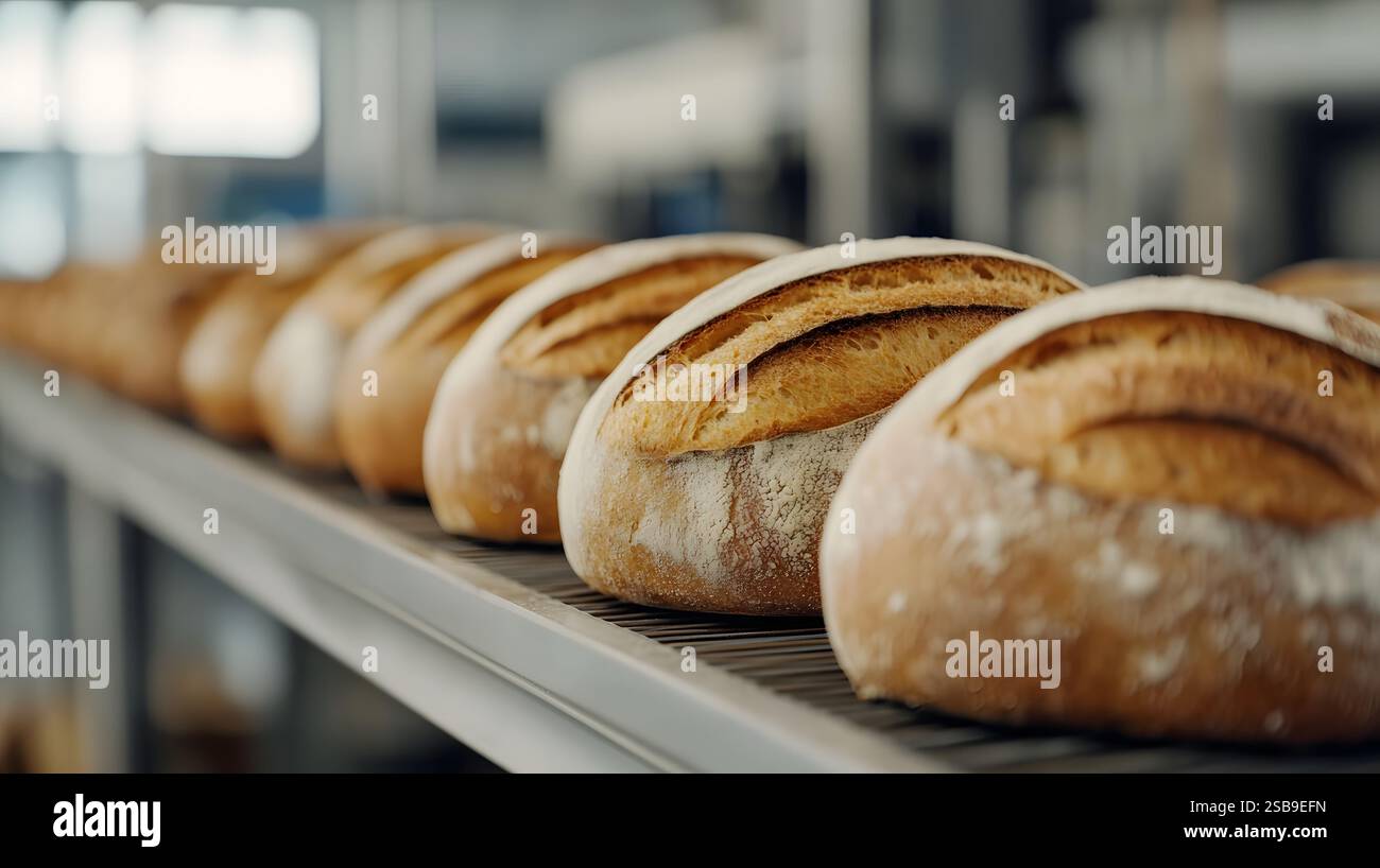 Rows of freshly baked artisanal bread loaves with traditional labels ...