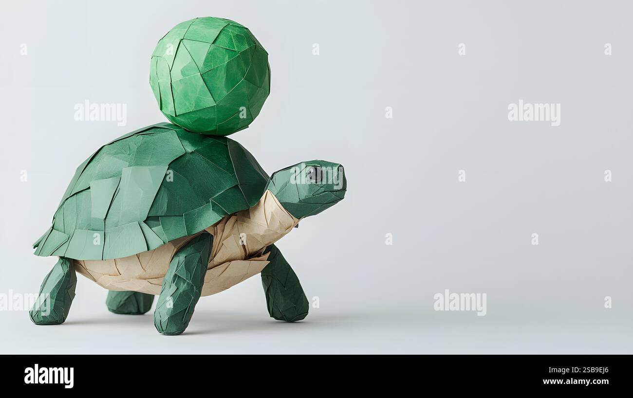 Turtle Carrying a Green Planet on Its Shell in 3D Layered Conceptual ...