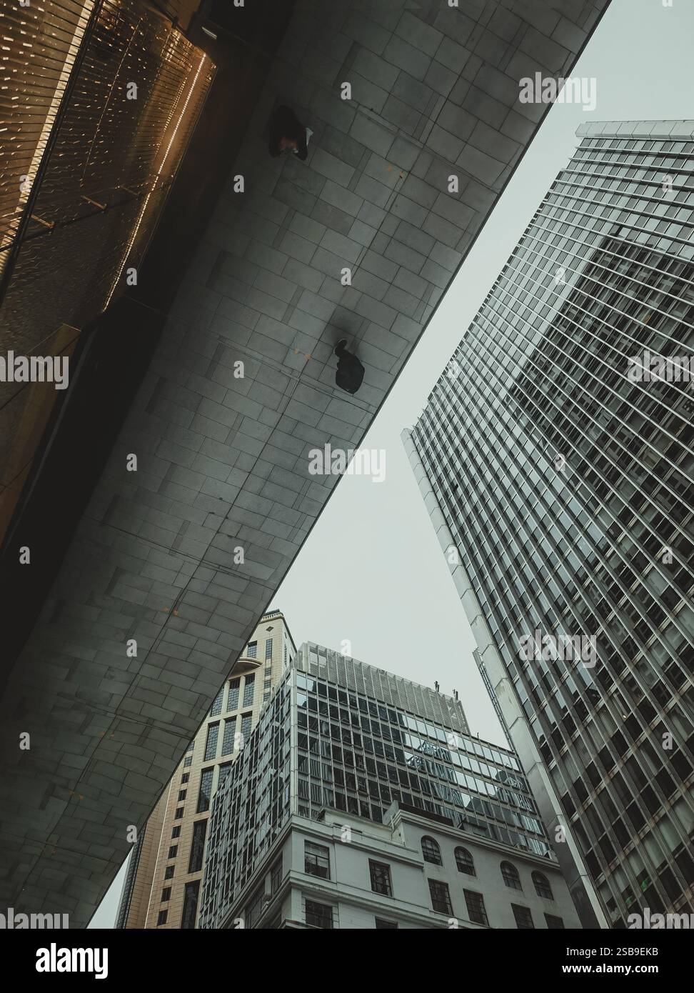 Low-angle view of towering skyscrapers in Hong Kong, seen from beneath ...