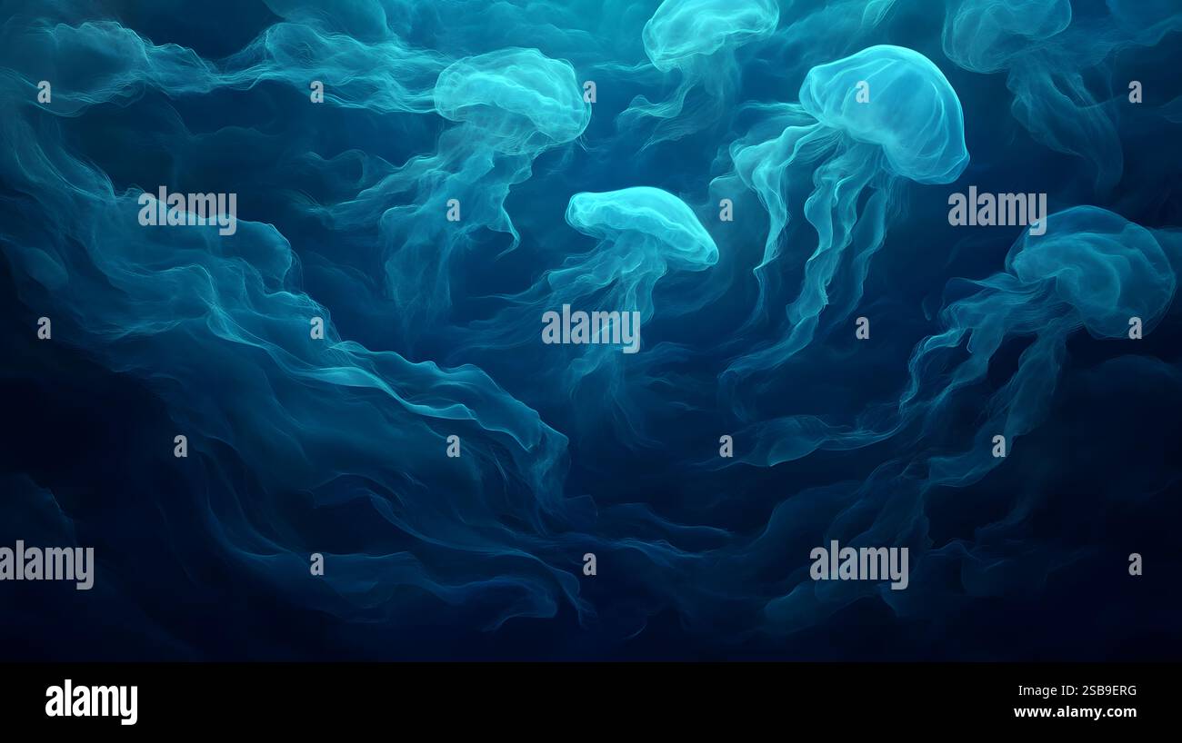 Flowing,translucent jellyfish shapes layered in a dreamy,glowing underwater seascape with ...