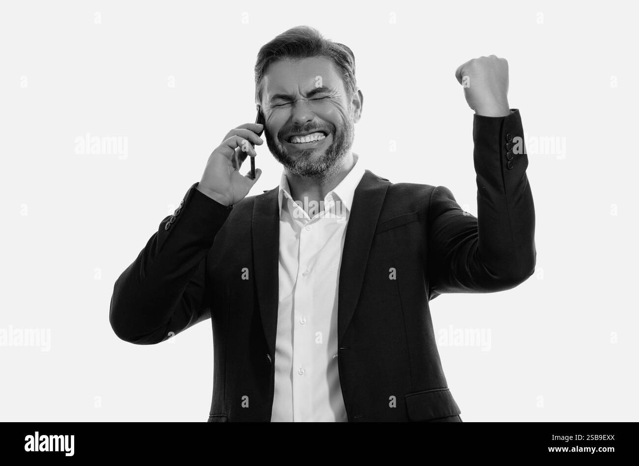 Excited succeed business with phone. Happy excited mature succeed ...