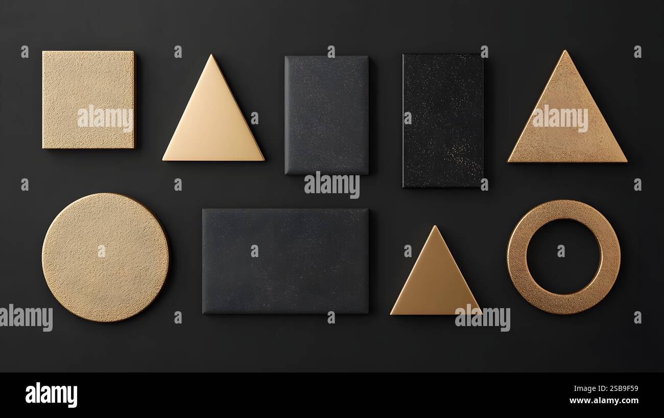 Floating golden and bronze metallic geometric shapes,including circles ...
