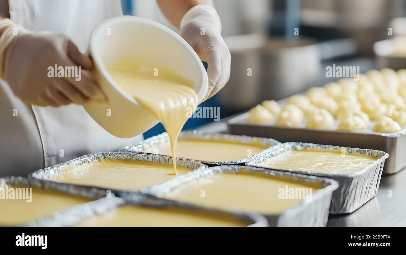 Baker pouring batter into individual cake molds on a high-speed ...