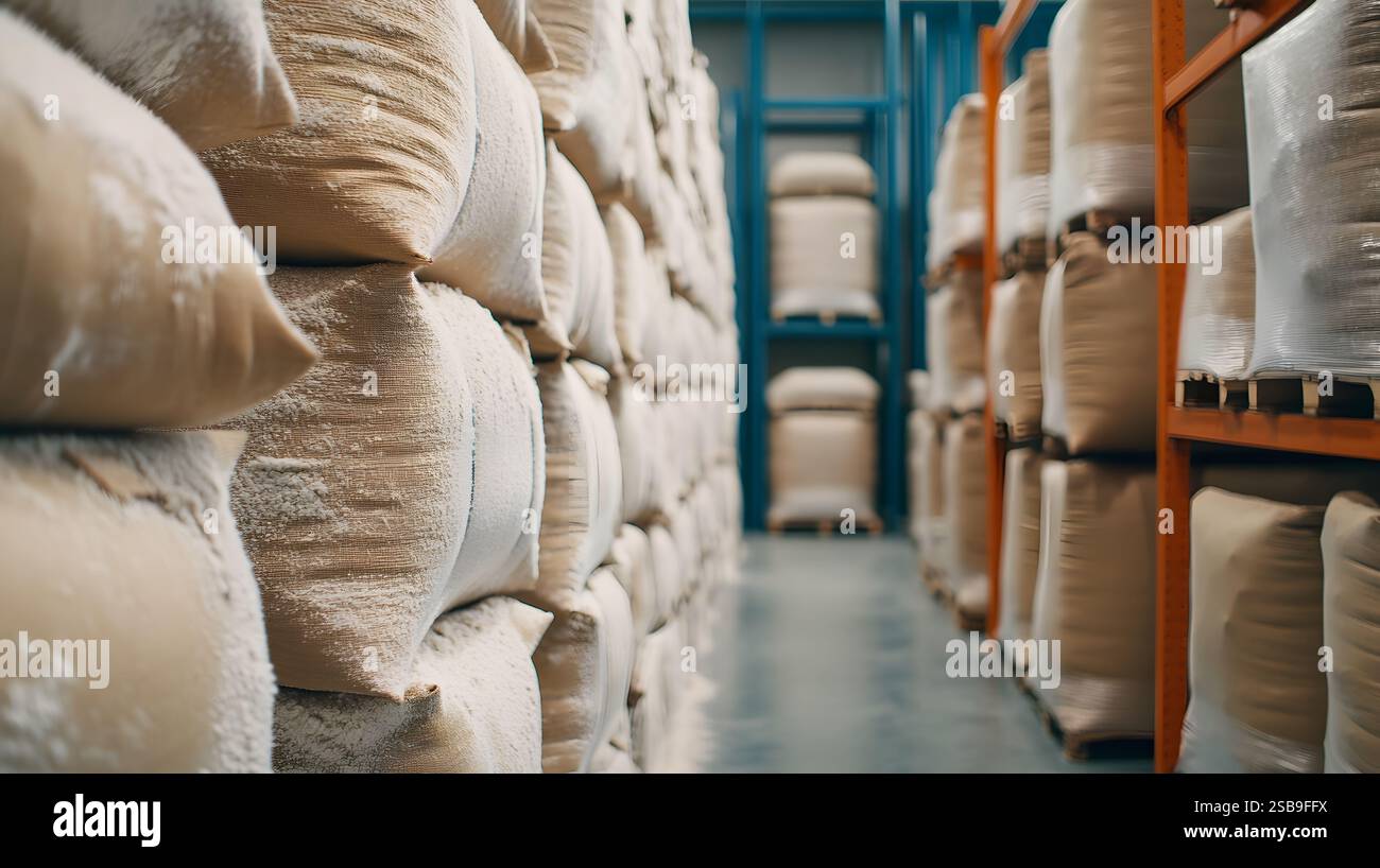 Stacks of large sacks or bags filled with flour stored in a commercial ...