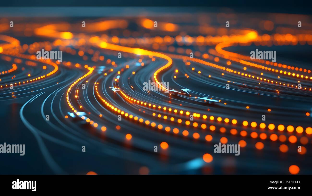 Futuristic airport layout with a dynamic network of glowing,interconnected paths representing an ...