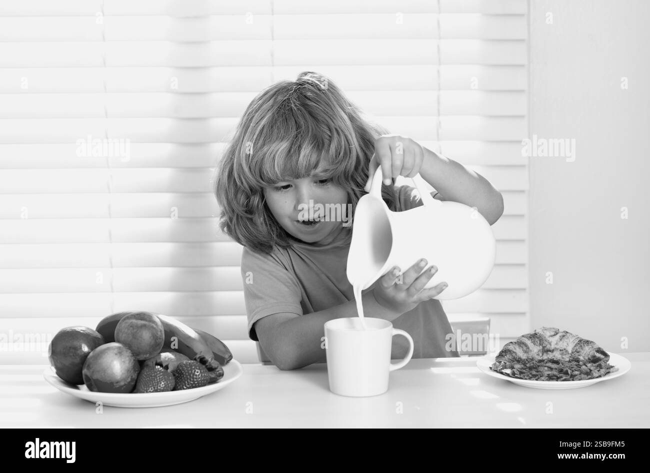 Kid pouring whole cows milk. Healthy food, vegetable dish Stock Photo ...